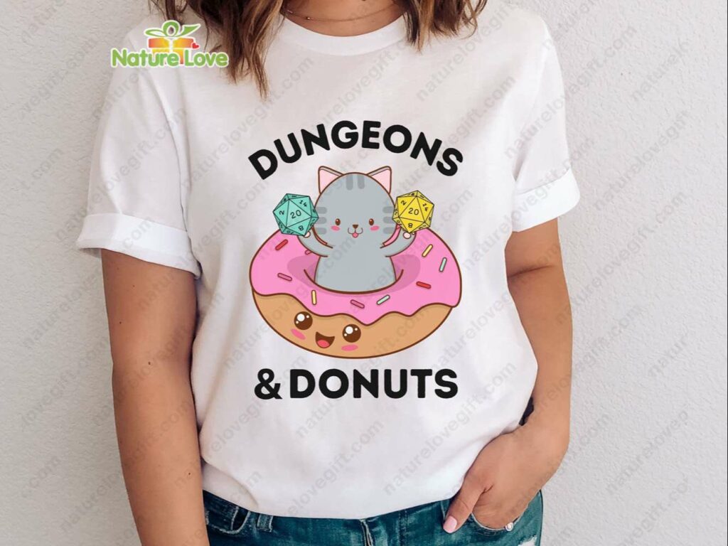Dungeons and Donuts Cat Dice Shirt DnD Dungeons and Dragons DM Gift ...
