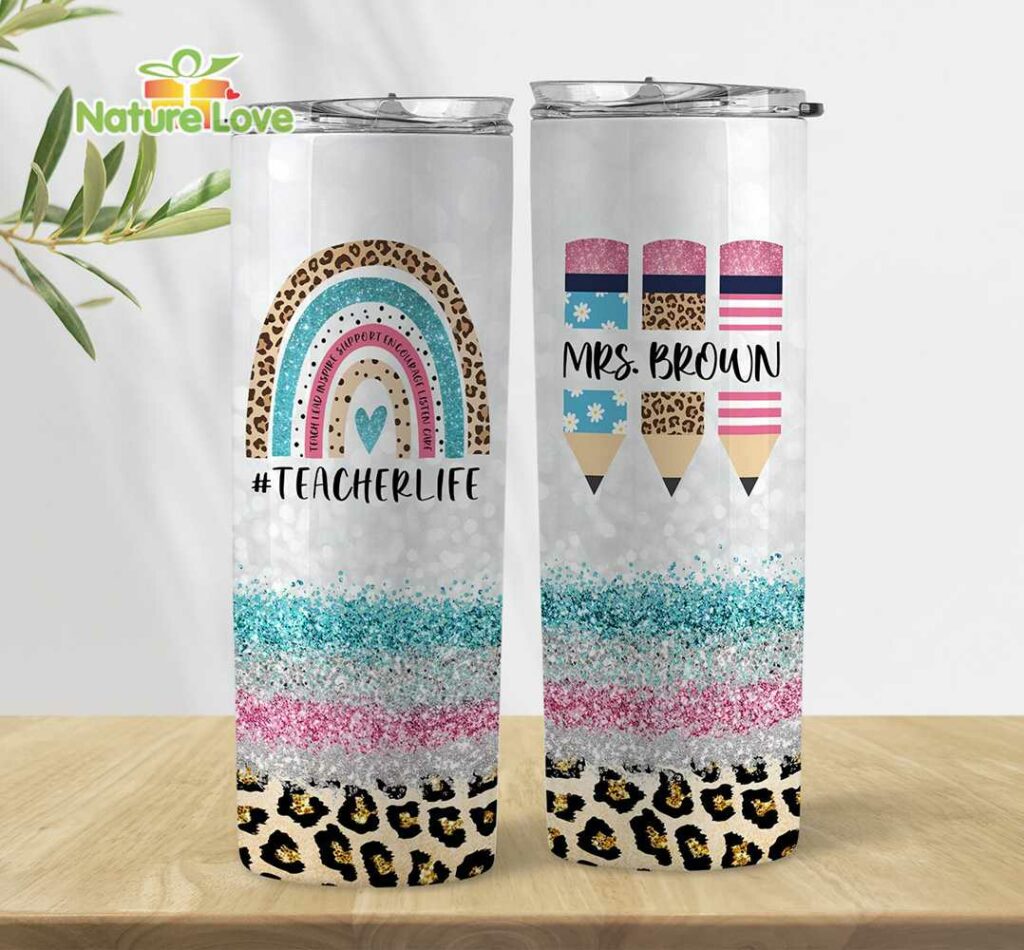 Custom Name Teacher Life Cheetah Rainbow 20 Oz Skinny Tumbler Back To ...