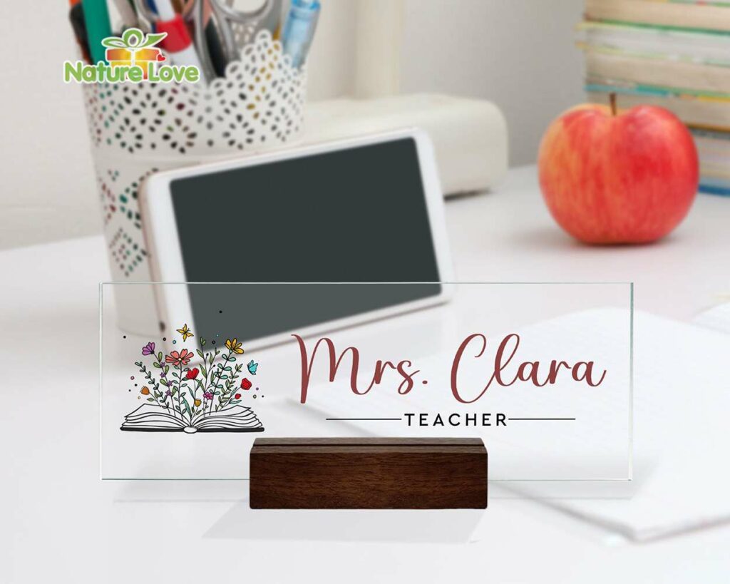 Floral Book Custom Teacher Name Desk Sign Acrylic Plaque Back To School ...