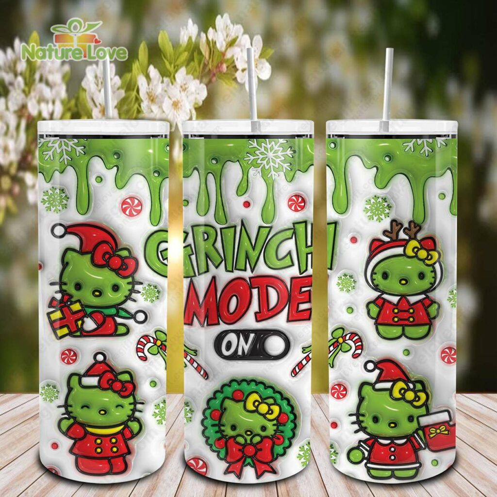 Grinch Mode Hello Kitty Christmas Tumbler Cat Skinny Dripping Tumblers ...