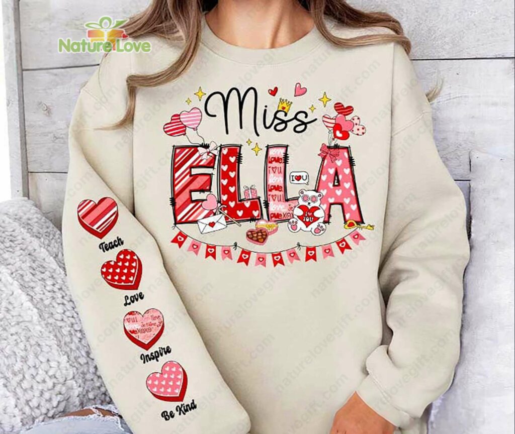 Personalized Teacher Valentine Sweatshirt With Hearts On Sleeve ...
