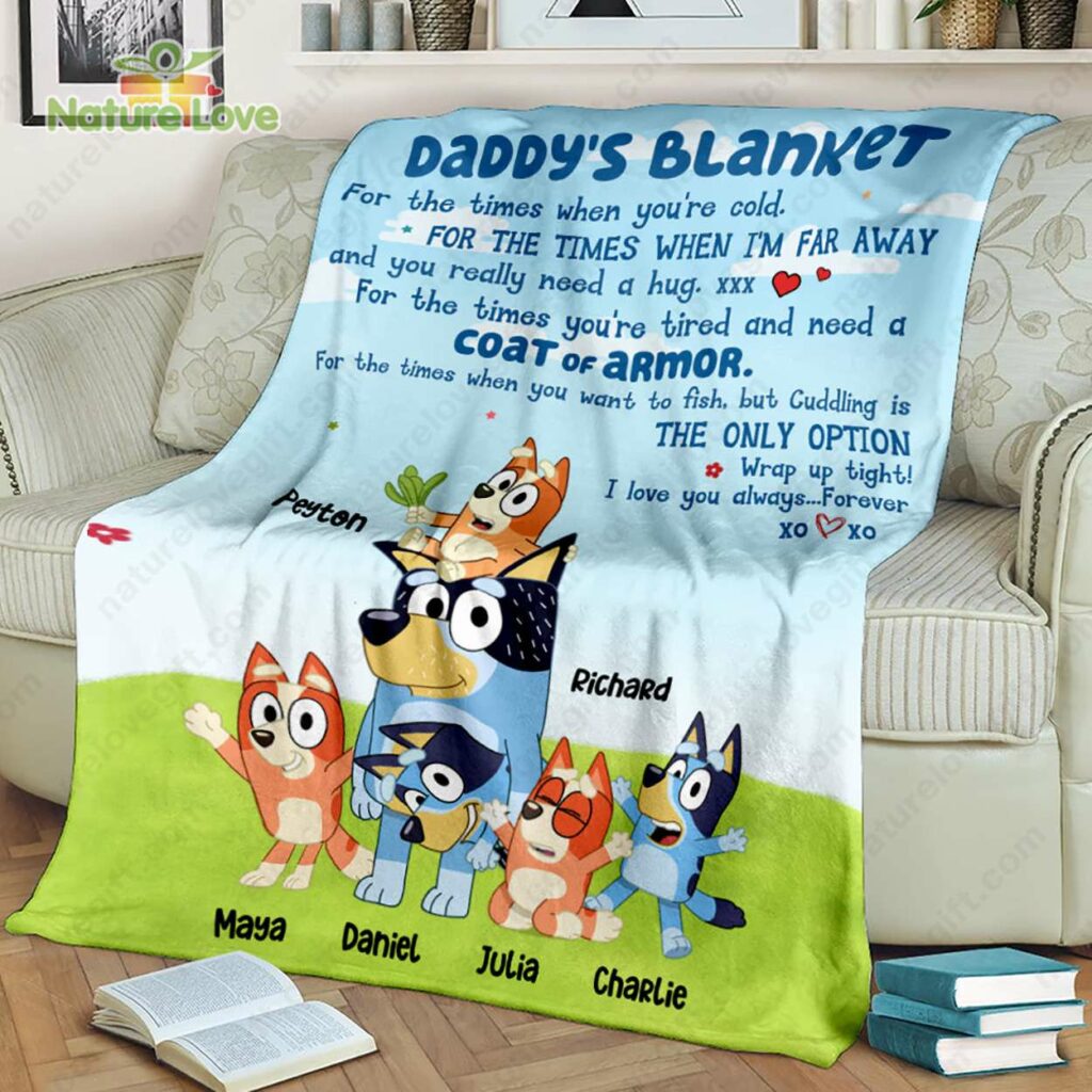 Bluey Personalized Dad Blanket With Kids Name Gifts For Fathers ...